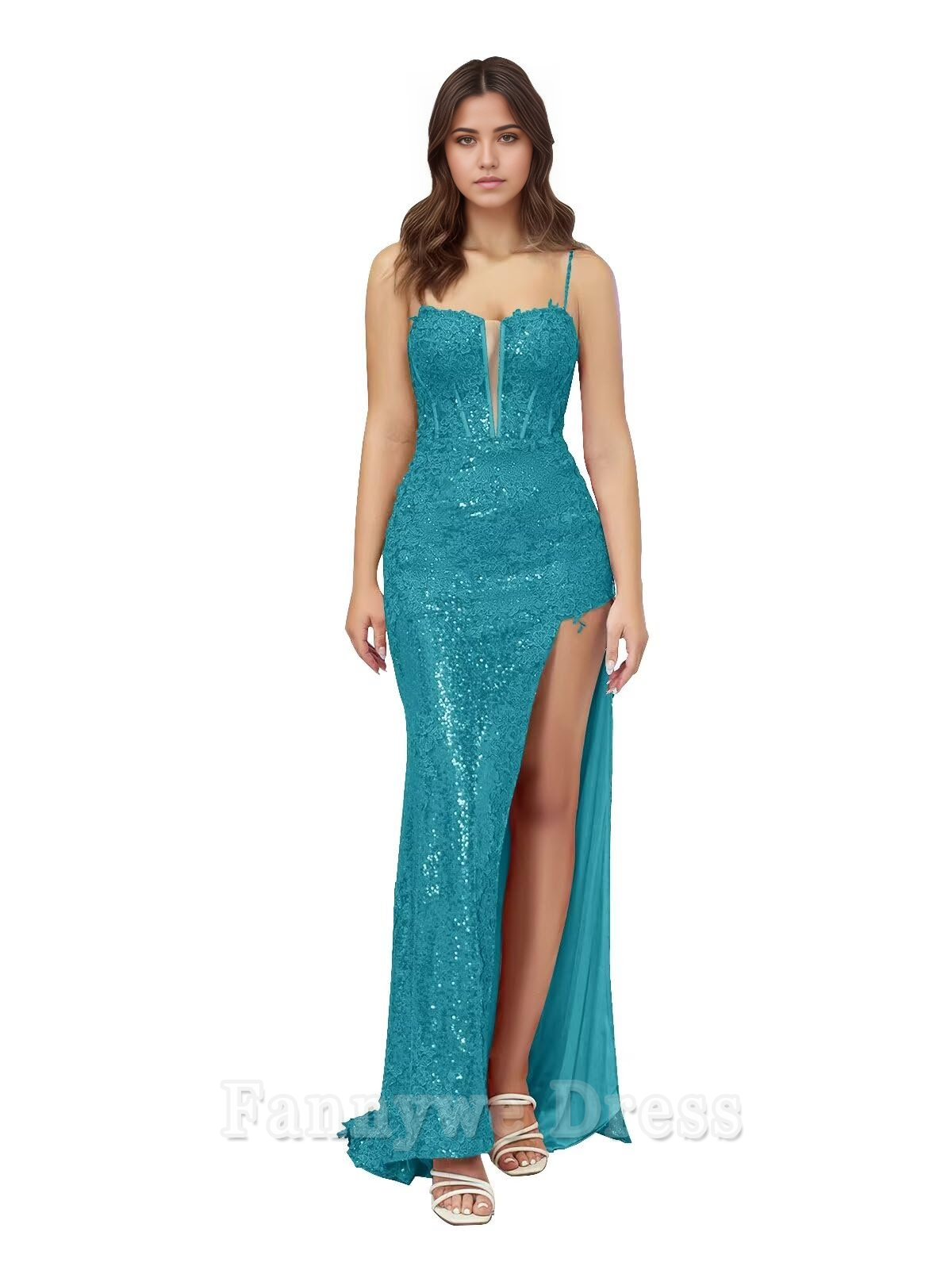 Sparkly Spaghetti Lace Applique Sequin Straps Long Slit Formal Dresses