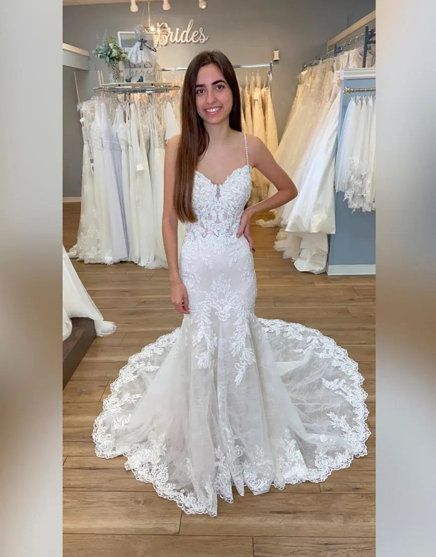 Stunning Mermaid Spaghetti Straps Court Train Wedding Dress With Appli