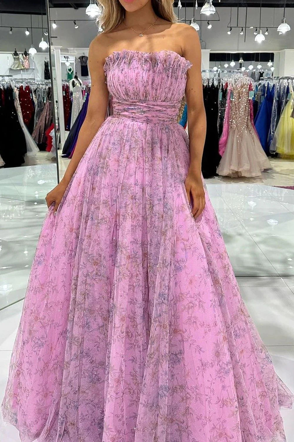 A Line Strapless Floral Printed Long Prom Dress with Ruffles – FannyWe