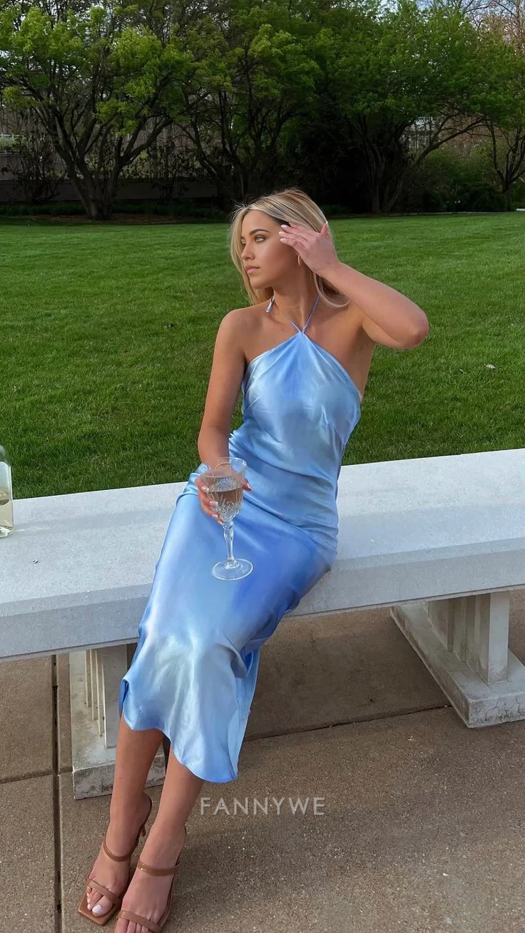 Sheath Simple Halter Blue Midi Length formal dresses Bridesmaid Dresse ...