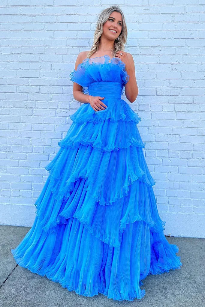 A Line Strapless Charming Long Prom Dress with Ruffles – FannyWe