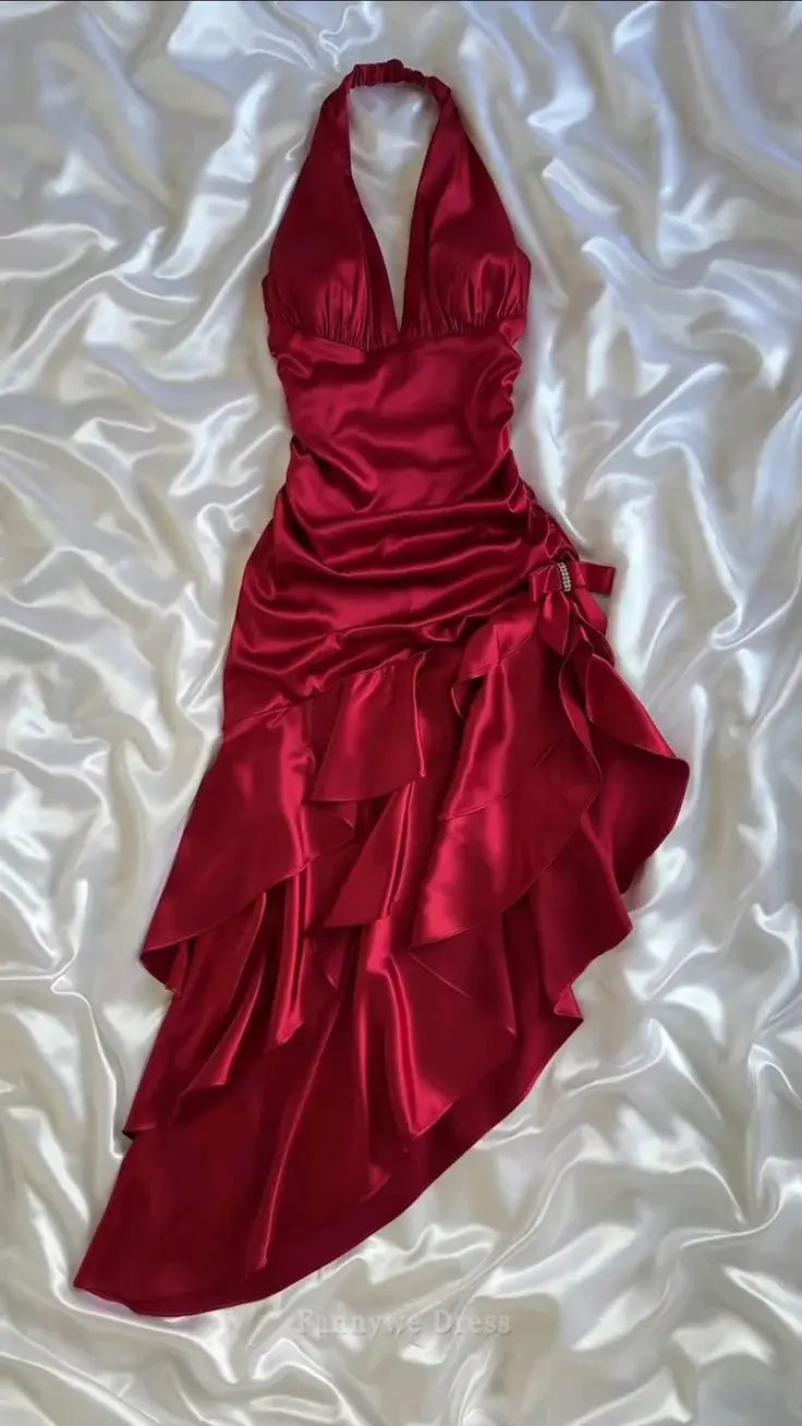 Sheath Halter Vintage Wine Red Satin Long formal dresses Bridesmaid Dr ...