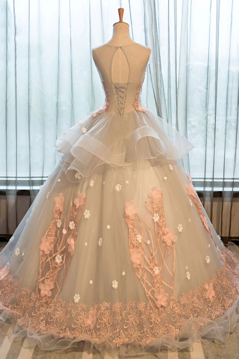 Cute Round Neck Lace Applique Long Prom Gown Fannywe