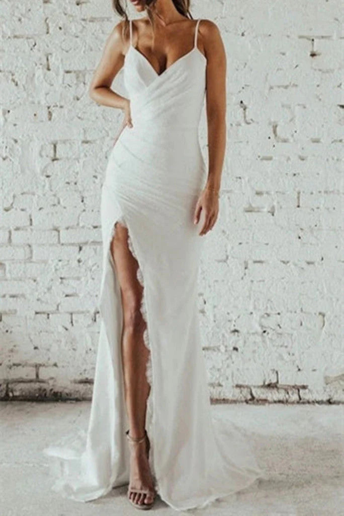 Sheath Spaghetti Strap V Neck Sleeveless Open Back Wedding Dresses