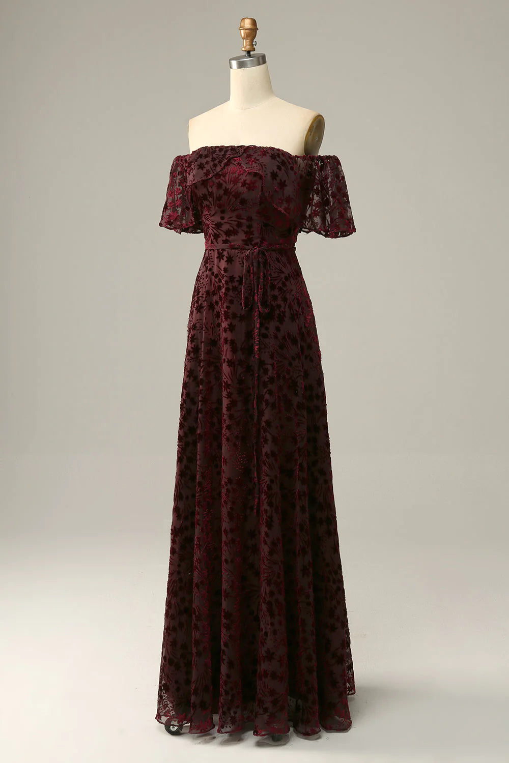 Burgundy Flower Off The Shoulder Evening Dress – FannyWe