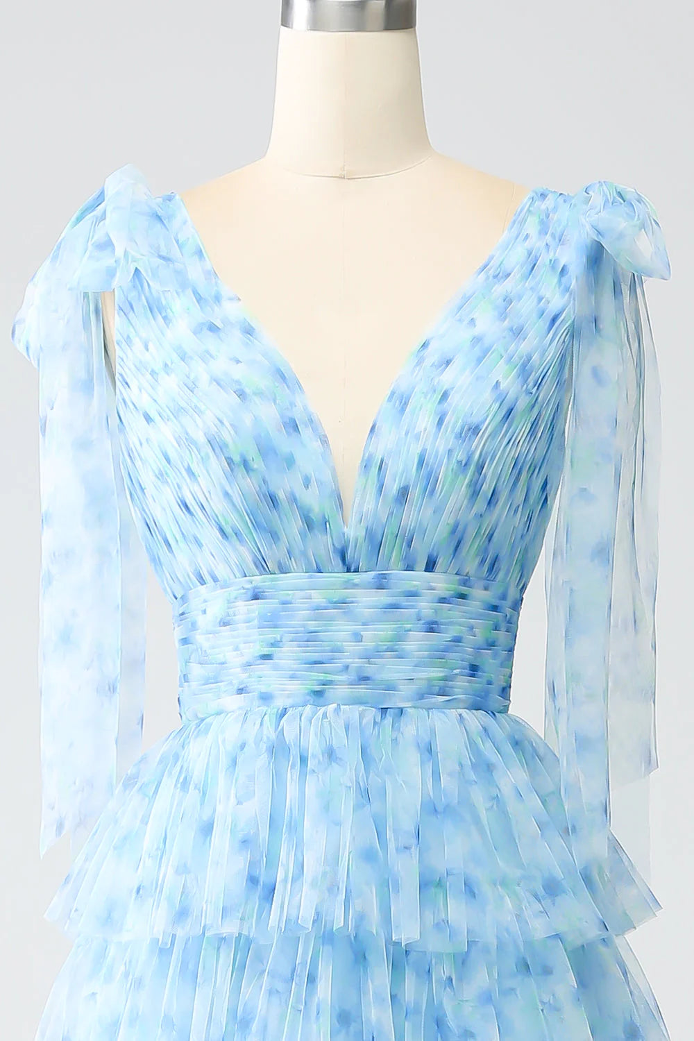 A-Line V-Neck Light Blue Tiered Prom Dress – FannyWe