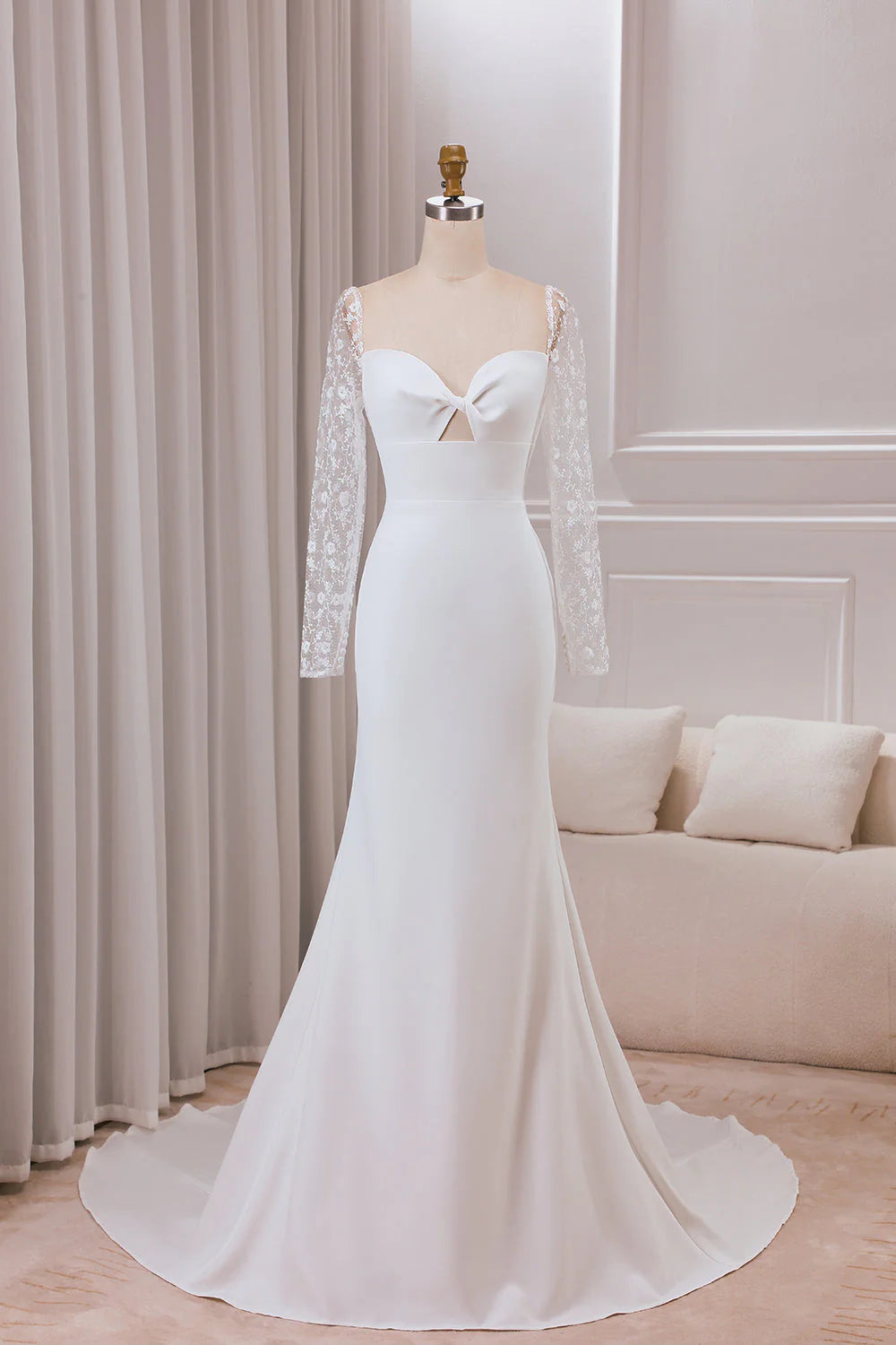 Ivory Trumpet Sweetheart Neck Satin Bridal Dress with Lace Long Sleeve ...
