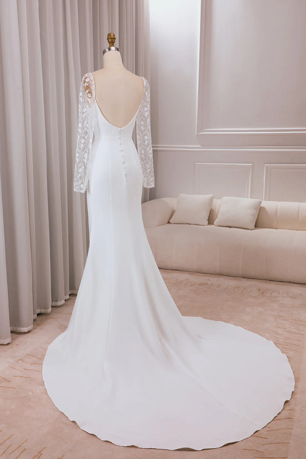 Ivory Trumpet Sweetheart Neck Satin Bridal Dress with Lace Long Sleeve ...