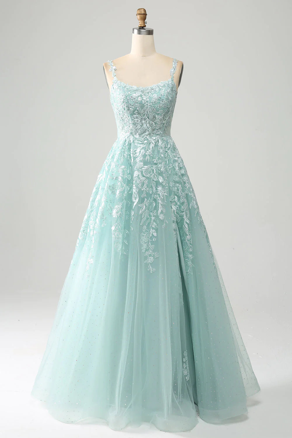 Glitter Mint A-Line Tulle Long Prom Dress with Lace – FannyWe