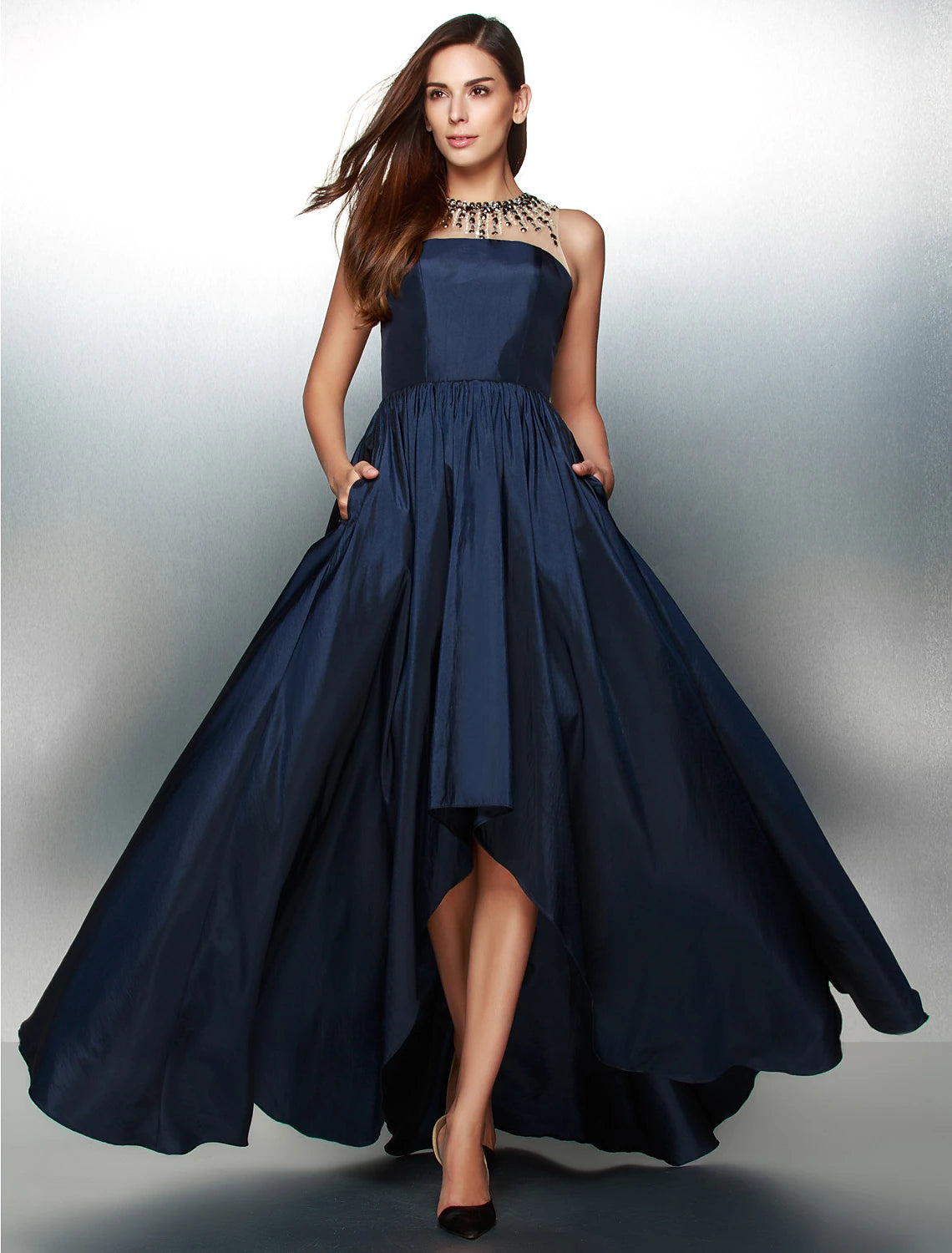 A-Line Elegant High Low Prom Formal Evening Dress Illusion Neck Sleeve ...